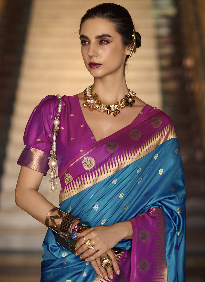 Buy Soft Silk Contrast Morpeach Ceremonial Wear Weaving Saree Online ...