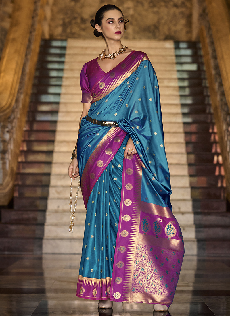 Buy Soft Silk Contrast Morpeach Ceremonial Wear Weaving Saree Online ...