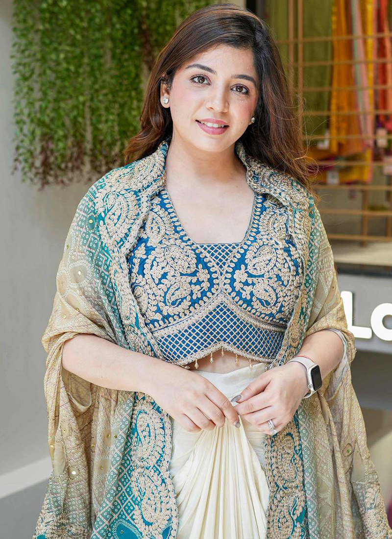 Buy Mono Silk Sky Ceremonial Wear Embroidery Work Readymade Indo ...