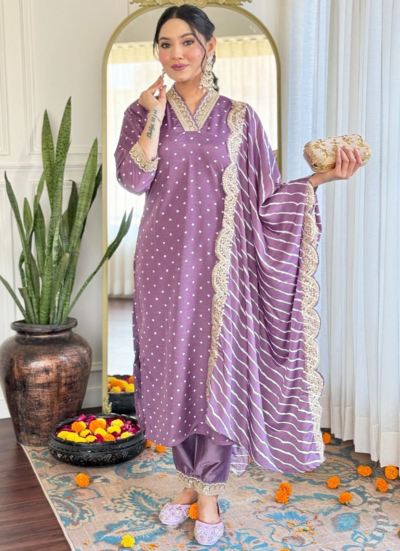 Buy Muslin Silk Purple Traditional Wear Embroidery Work Readymade ...