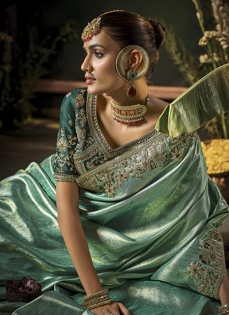 Buy Silk Light Green Wedding Wear Cut Work Saree Online From Wholesale ...