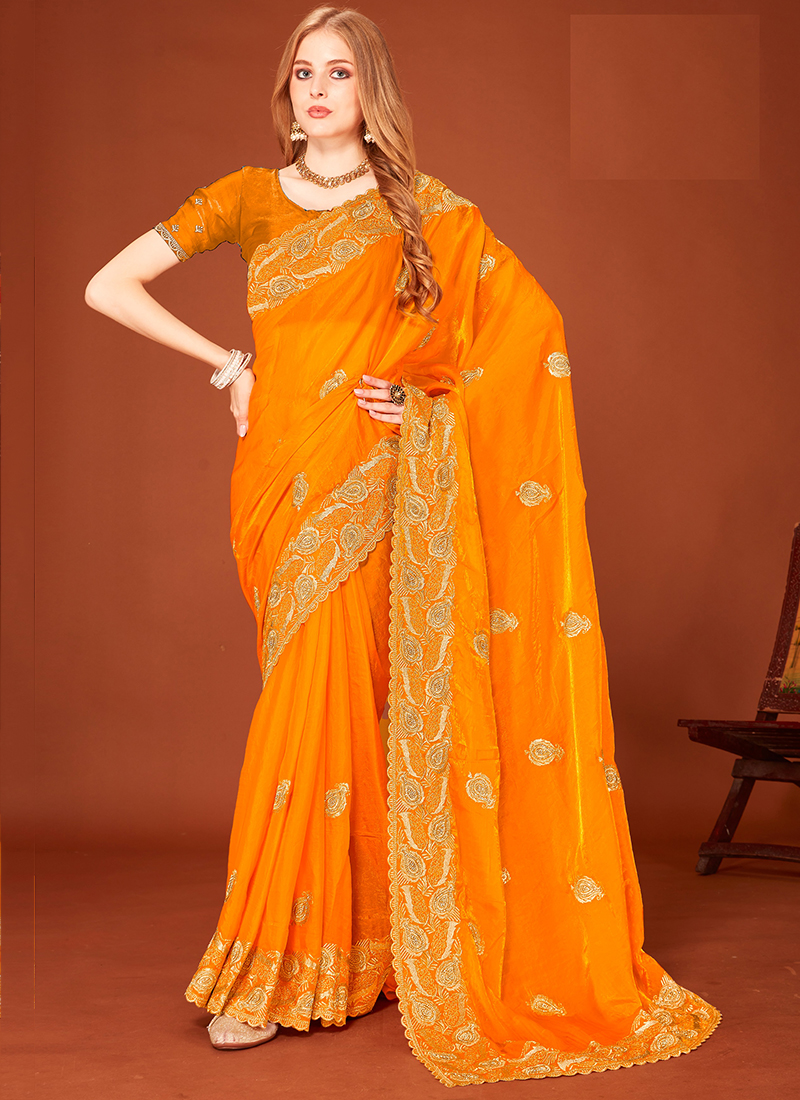 Buy Fendy Silk Yellow Festival Wear Emroidery Work Saree Online From ...