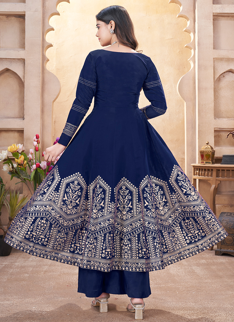 Buy Roman Silk Navy Blue Ceremonial Wear Mirror Work Readymade Anarkali ...