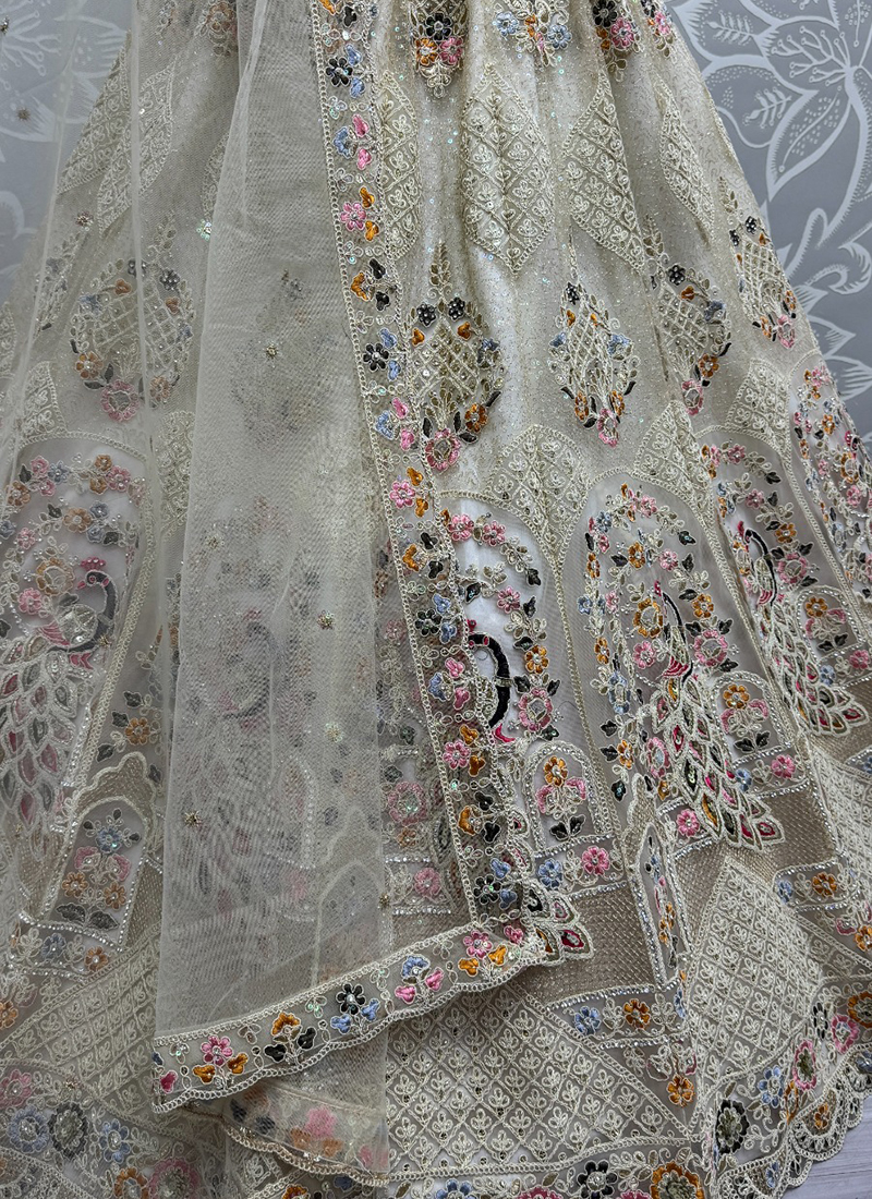 Buy Net Cream Wedding Wear Embroidery Work Lehenga Choli Online From ...