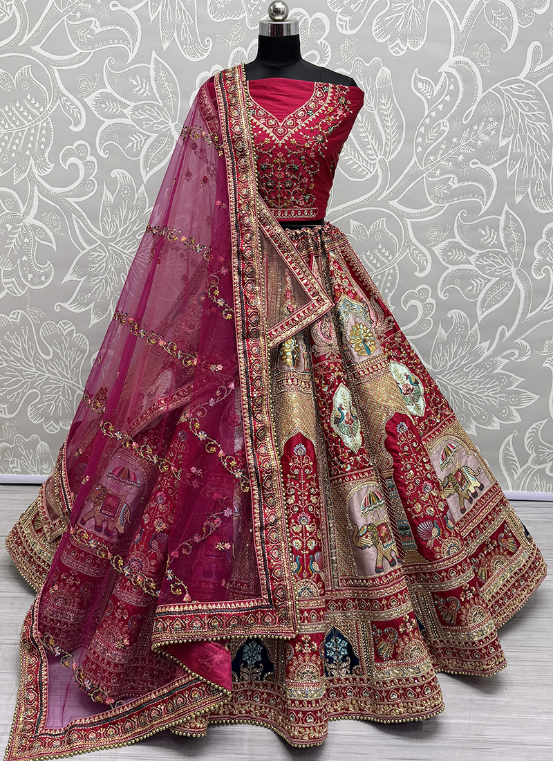 Buy Silk Rani Pink Bridal Wear Embroidery Work Lehenga Choli Online ...