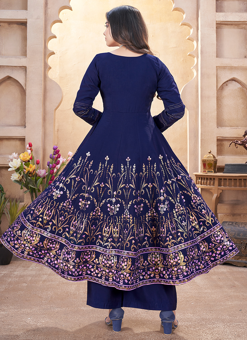 Buy Roman Silk Navy Blue Ceremonial Wear Foil Print Readymade Anarkali ...