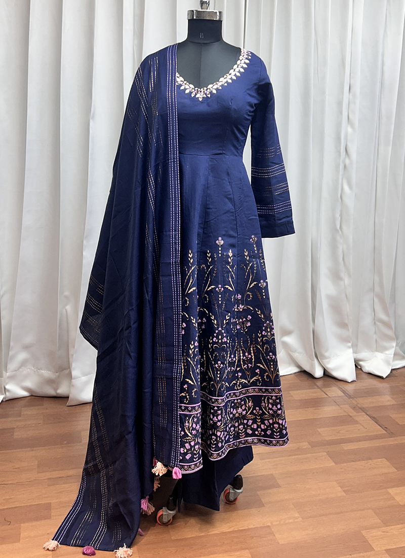Buy Roman Silk Navy Blue Ceremonial Wear Foil Print Readymade Anarkali ...