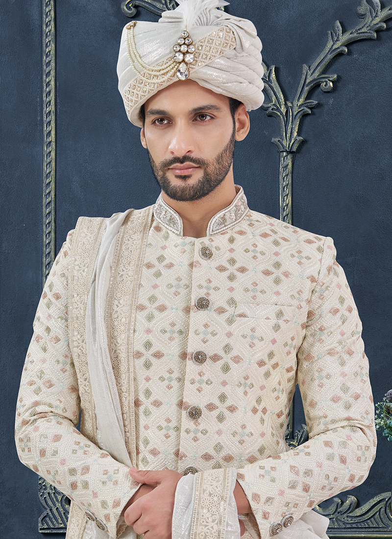 Buy Silk Light Cream Groom Wear Hand Work Readymade Sherwani With ...