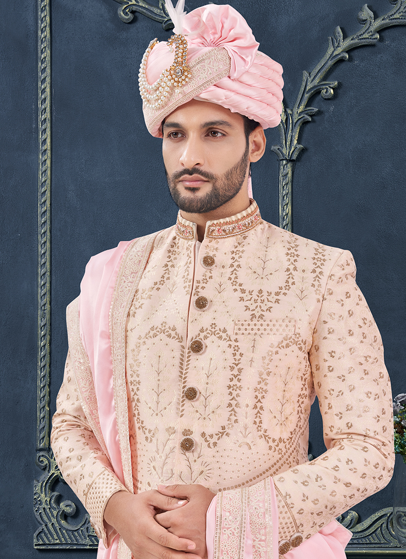 Buy Silk Peach Groom Wear Hand Work Readymade Sherwani With Turban ...