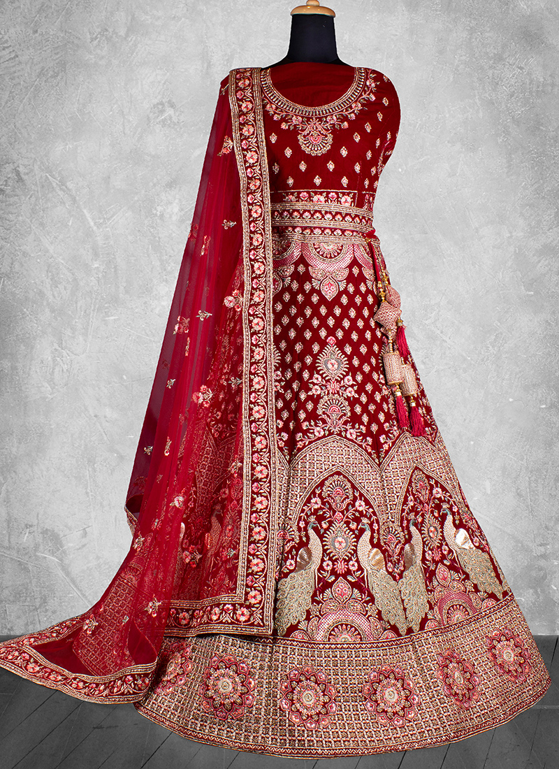 Buy Velvet Maroon Bridal Wear Embroidery Work Lehenga Choli Online From ...