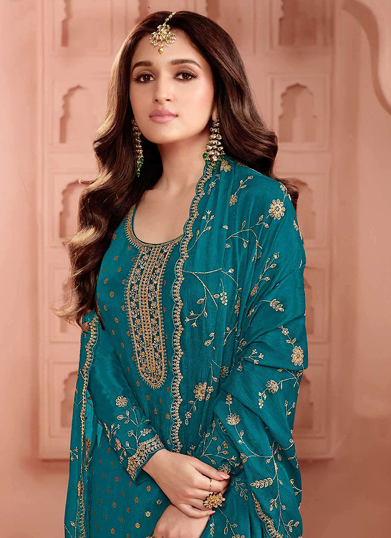 Buy Dola Jacquard Teal Ceremonial Wear Thread Embroidery Straight Suit ...