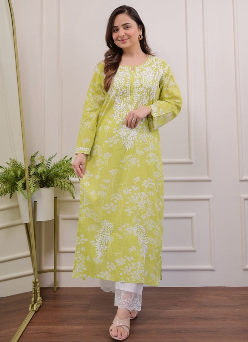 Buy Pure Mul Mul Cotton Pista Daily Wear Chikankari Embroidery ...