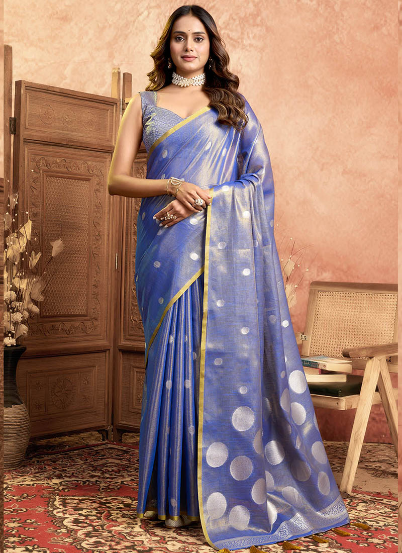 Buy Tissue Silk Blue Wedding Wear Weaving Work Saree Online From ...
