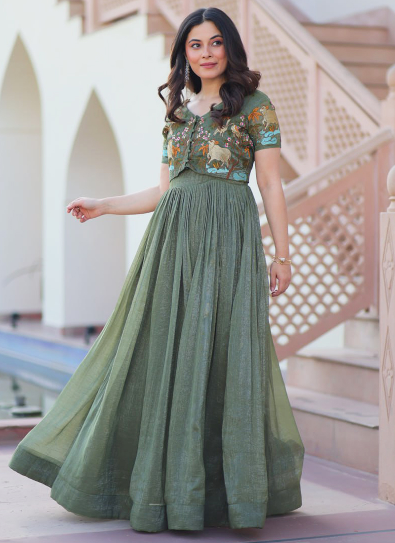 Buy Silver Crunchy Sage Green Ocassional Wear Embroidery Work Readymade ...
