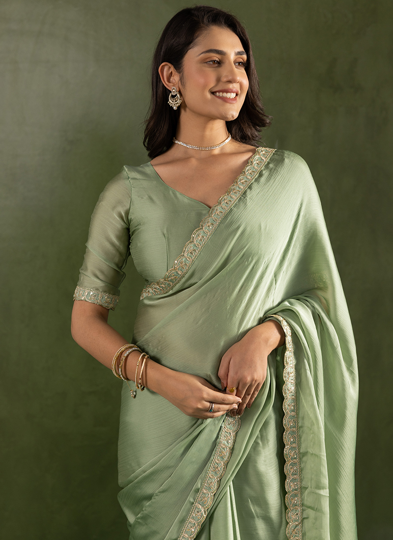 Buy Chiffon Silk Light Green Designer Wear Border Work Saree Online ...