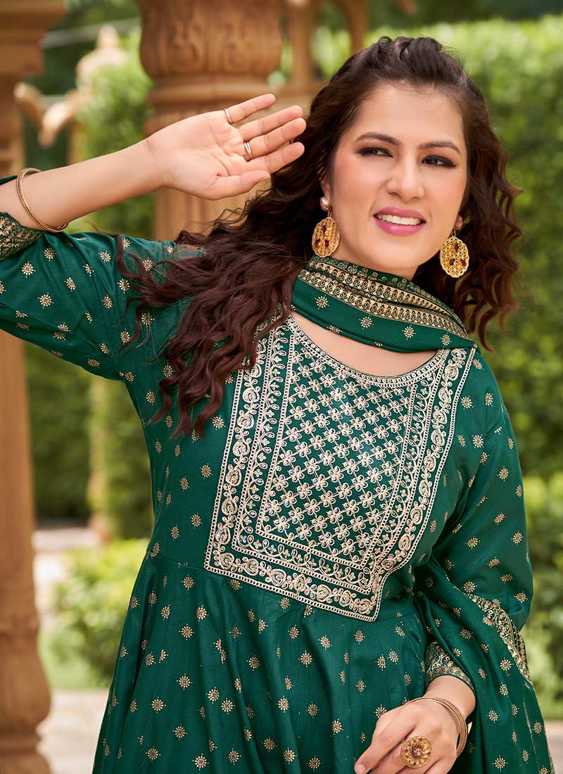 Buy Rayon Bottle Green Casual Wear Sequin Work Readymade Anarkali Suit Online From Wholesale Salwar.