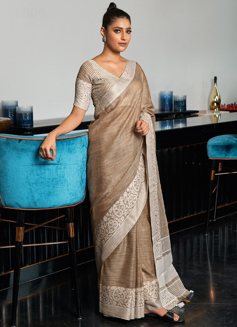 Buy Linen Brown Office Wear Border Work Saree Online From Wholesale Salwar.