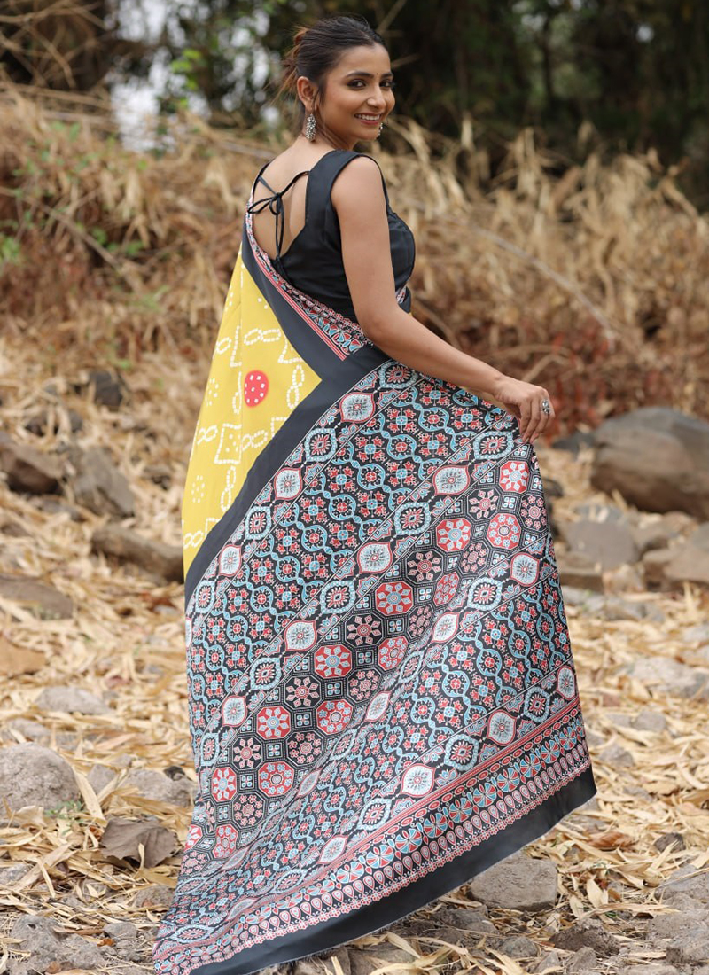 Buy Japan Satin Mustard Daily Wear Digital Print Work Saree Online From ...