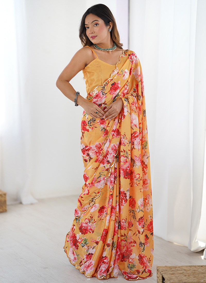 Buy Chinon Orange Daily Wear Digital Print Work Saree Online From ...