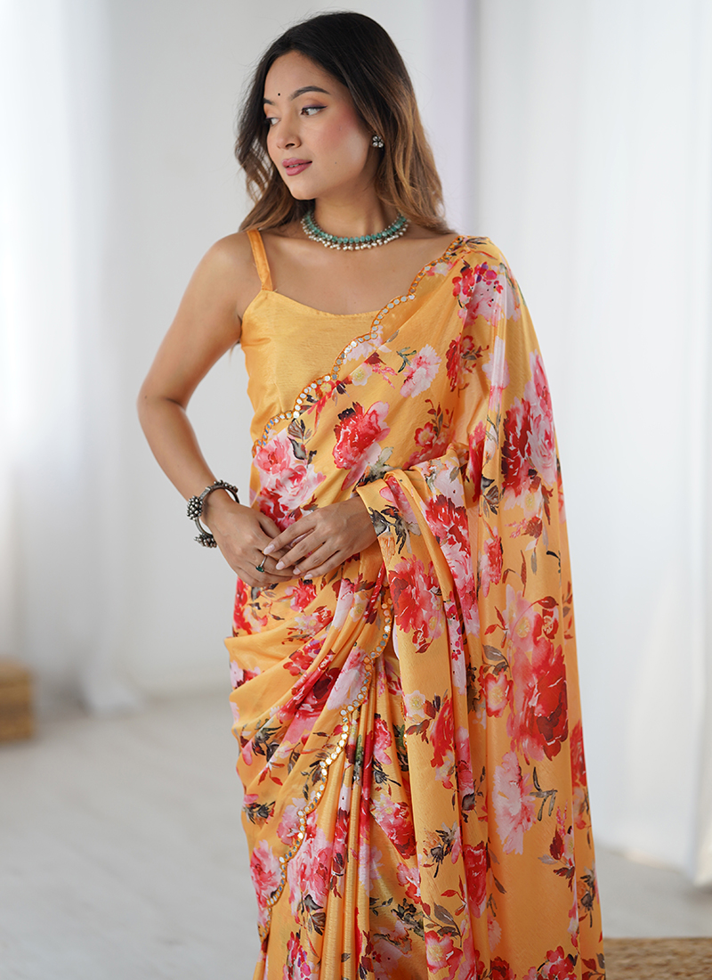 Buy Chinon Orange Daily Wear Digital Print Work Saree Online From ...