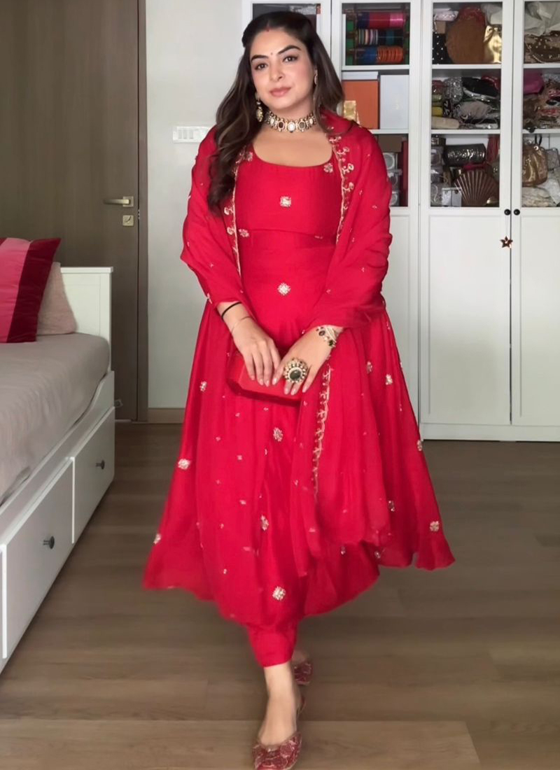 Buy Faux Georgette Red Party Wear Moti Work Readymade Anarkali Suit ...