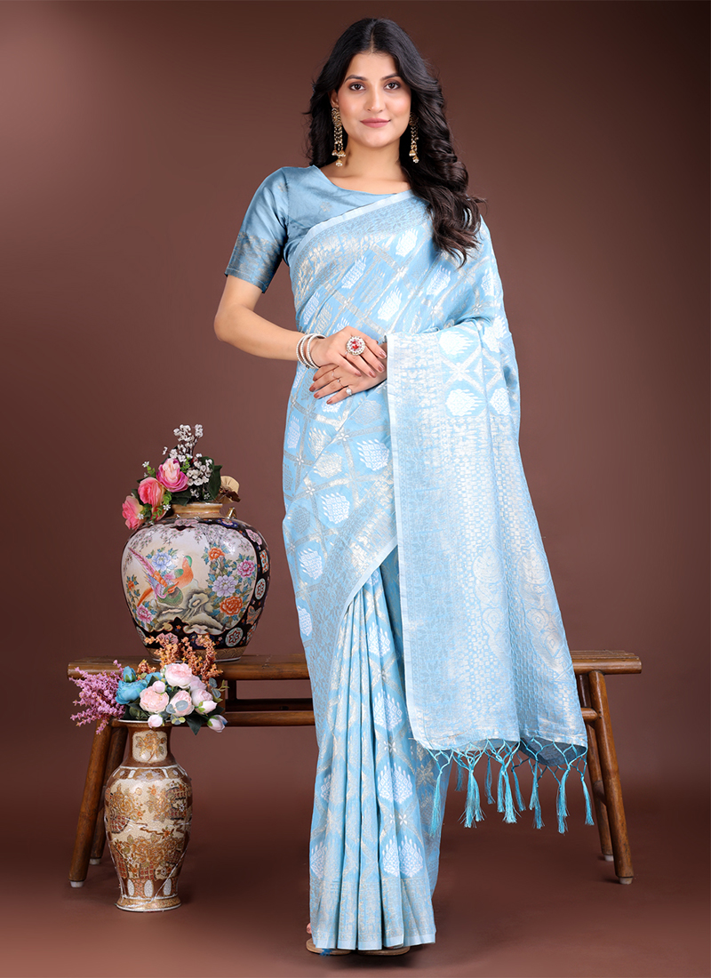 Buy Cotton Sky Blue Daily Wear Weaving Work Saree Online From Wholesale ...