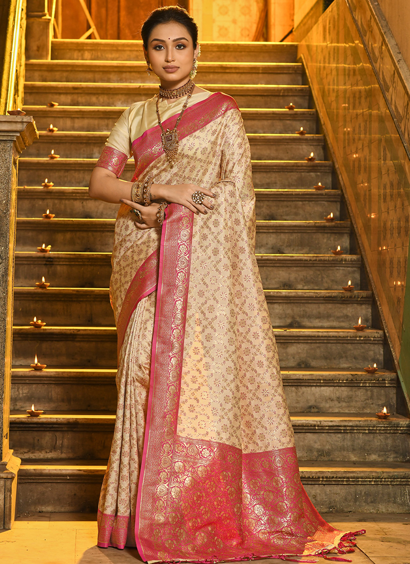 Buy Banarasi Silk Cream Wedding Wear Weaving Work Banarasi Saree Online ...