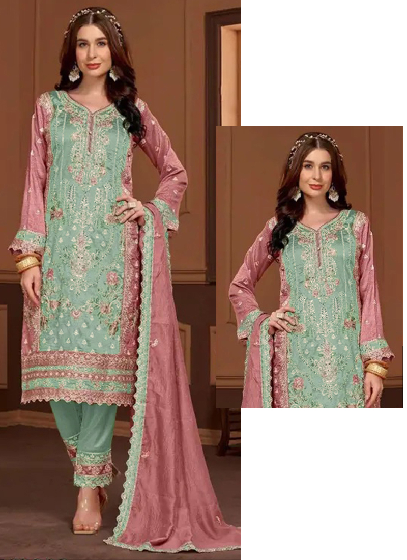 Buy Heavy Chinon Light Green Festival Wear Zari Embroidery Work ...