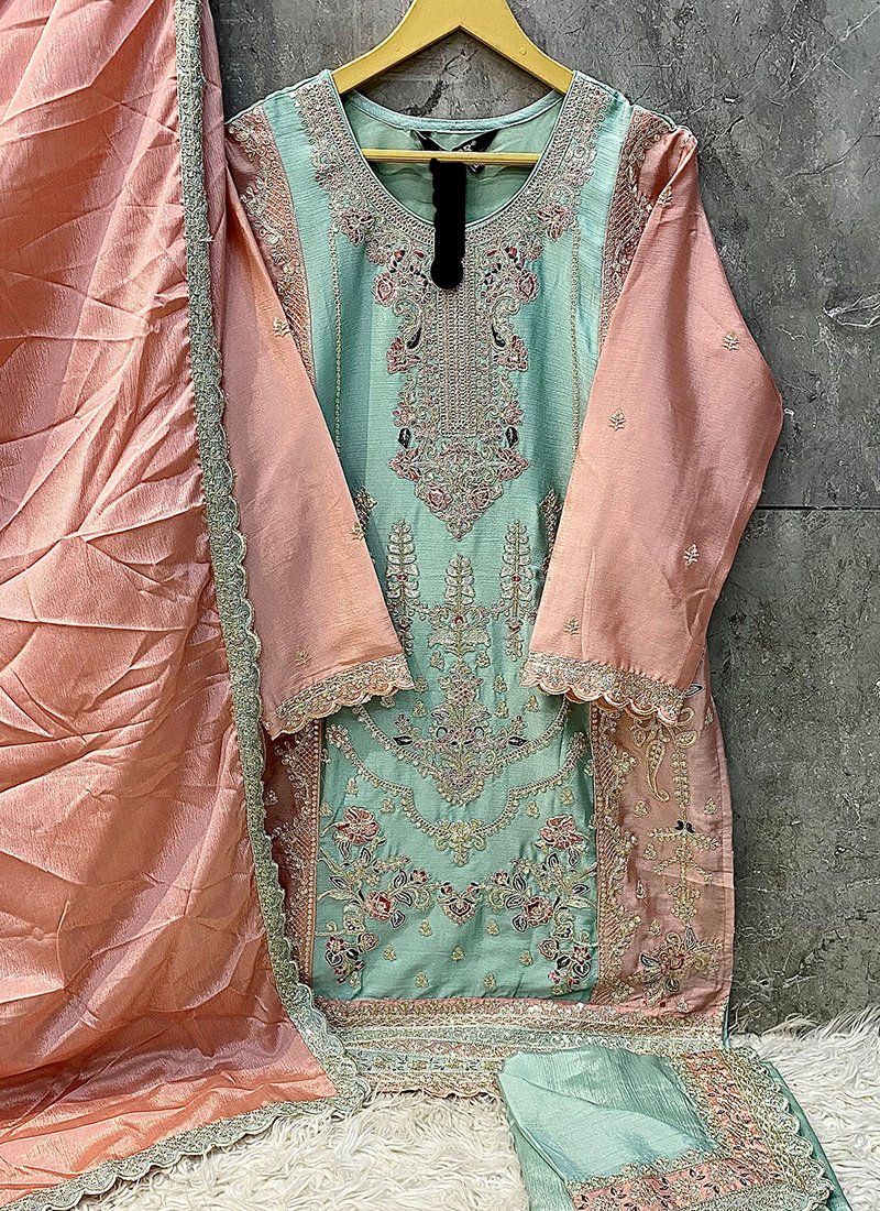 Buy Heavy Chinon Light Green Festival Wear Zari Embroidery Work ...