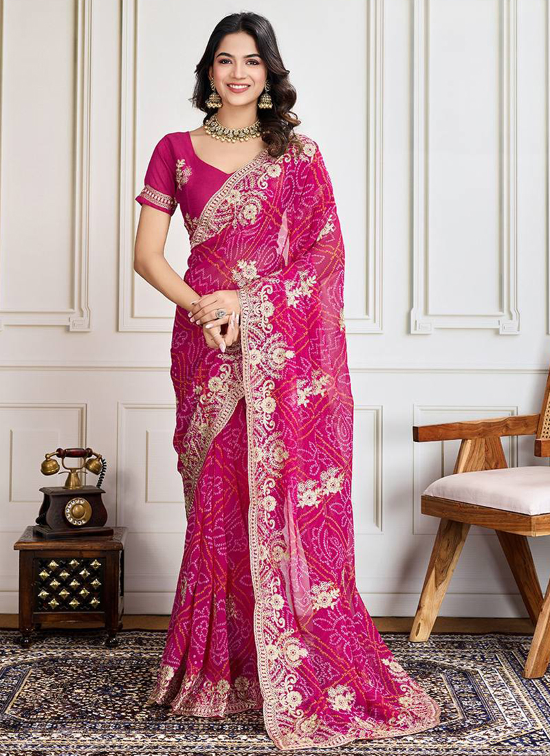 Buy Georgette Pink Party Wear Bandhani Print Saree Online From ...