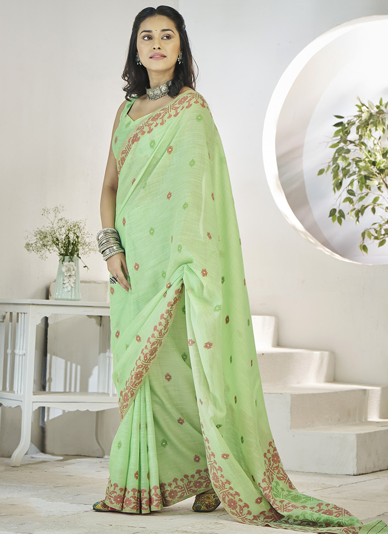 Buy Linen Green Traditional Wear Weaving Saree Online From Wholesale ...