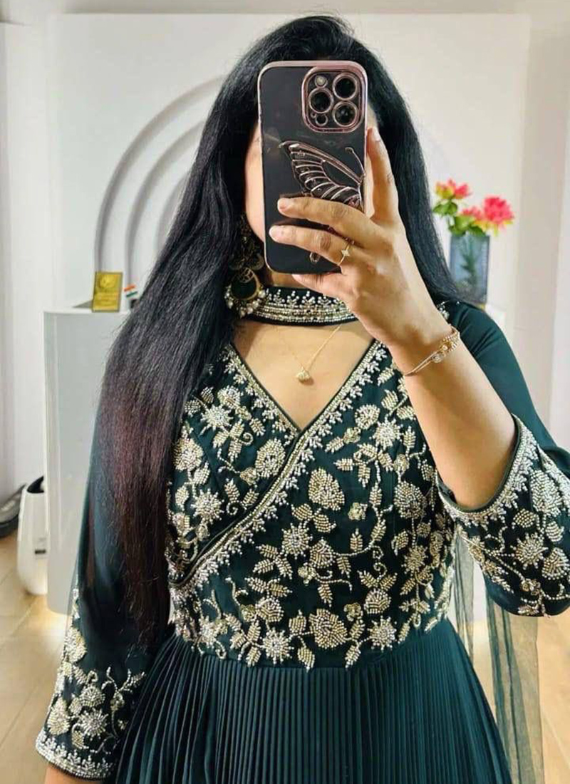 Buy Georgette Green Traditional Wear Thread Embroidery Readymade Gown ...