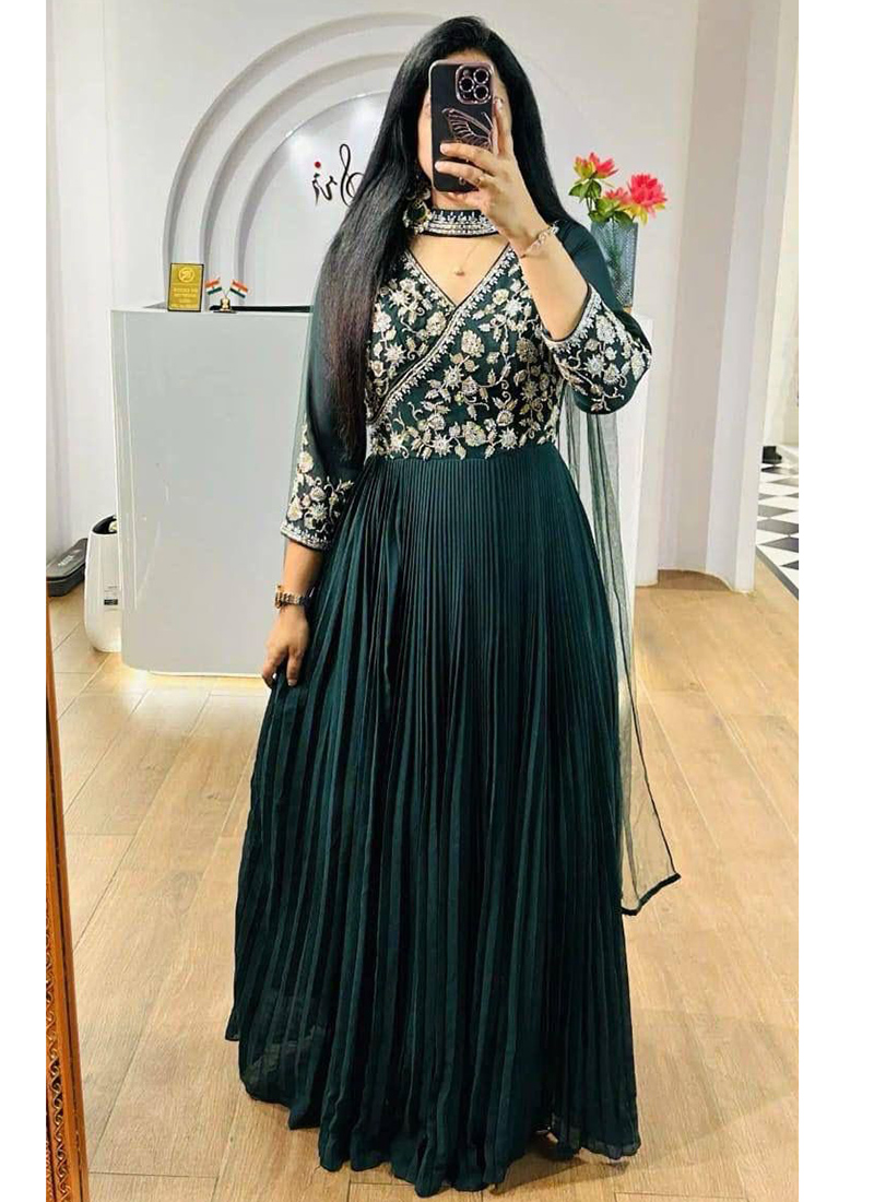 Buy Georgette Green Traditional Wear Thread Embroidery Readymade Gown ...