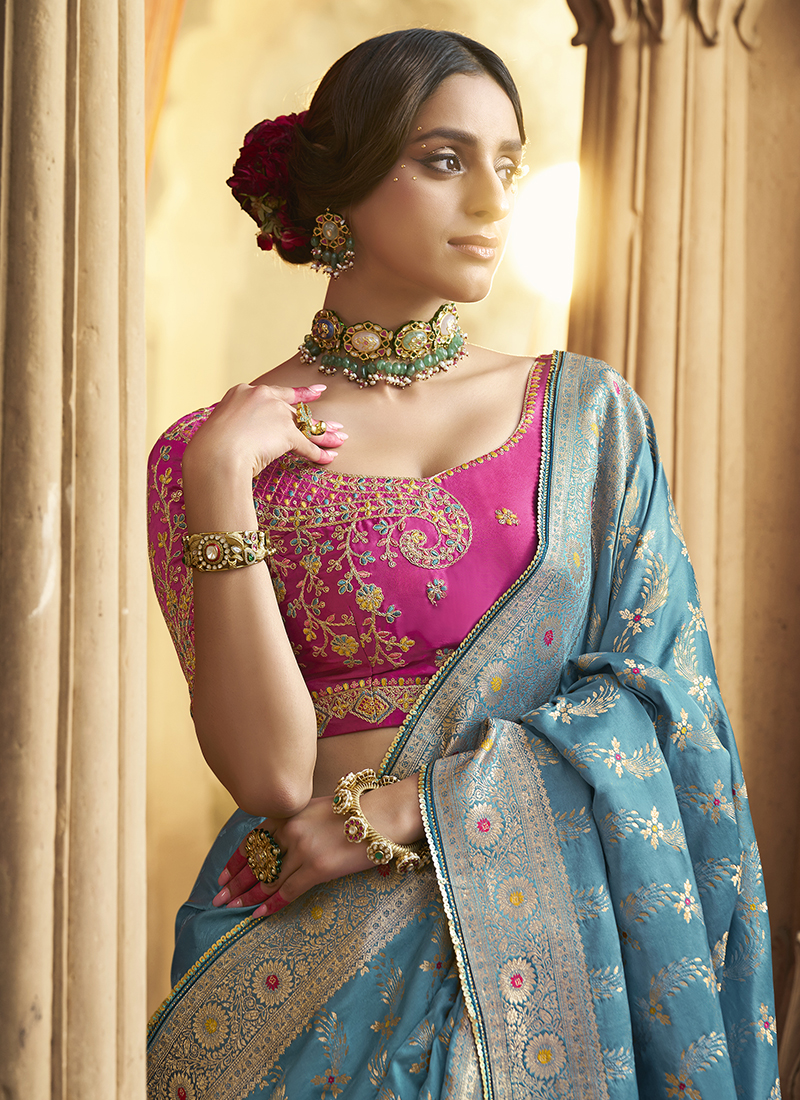 Buy Pure Sattin Sky Blue Wedding Wear Embroidery Work Saree Online From ...