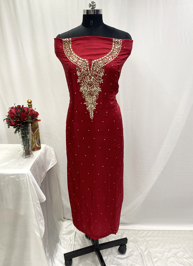 Buy Uppada Silk Red Ceremonial Wear Stone Work Dress Material Online ...