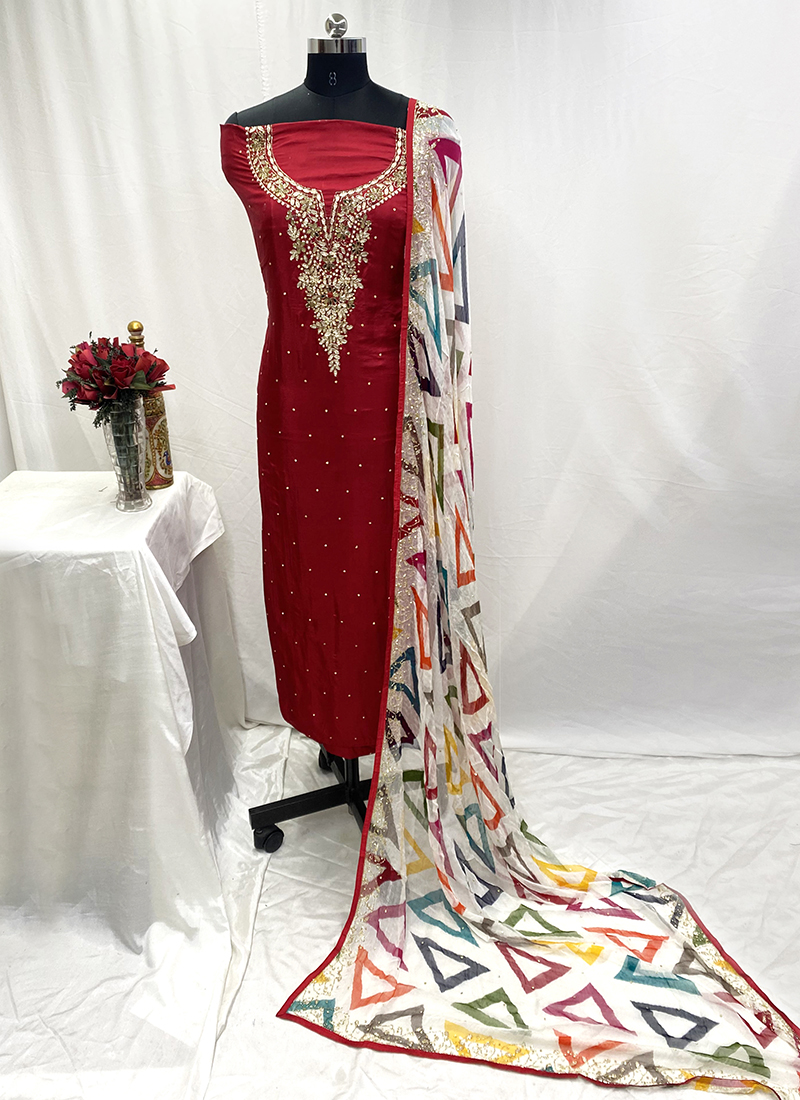 Buy Uppada Silk Red Ceremonial Wear Stone Work Dress Material Online ...