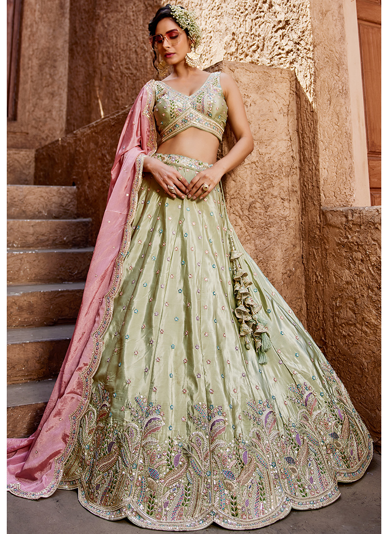 Buy Sattin Lime Green Ceremonial Wear Sequinned Lehenga Choli Online ...