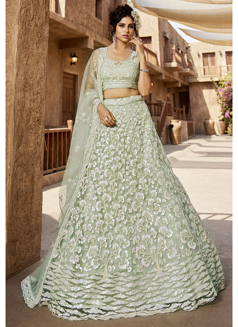 Buy Net Lime Green Ceremonial Wear Sequinned Lehenga Choli Online From ...