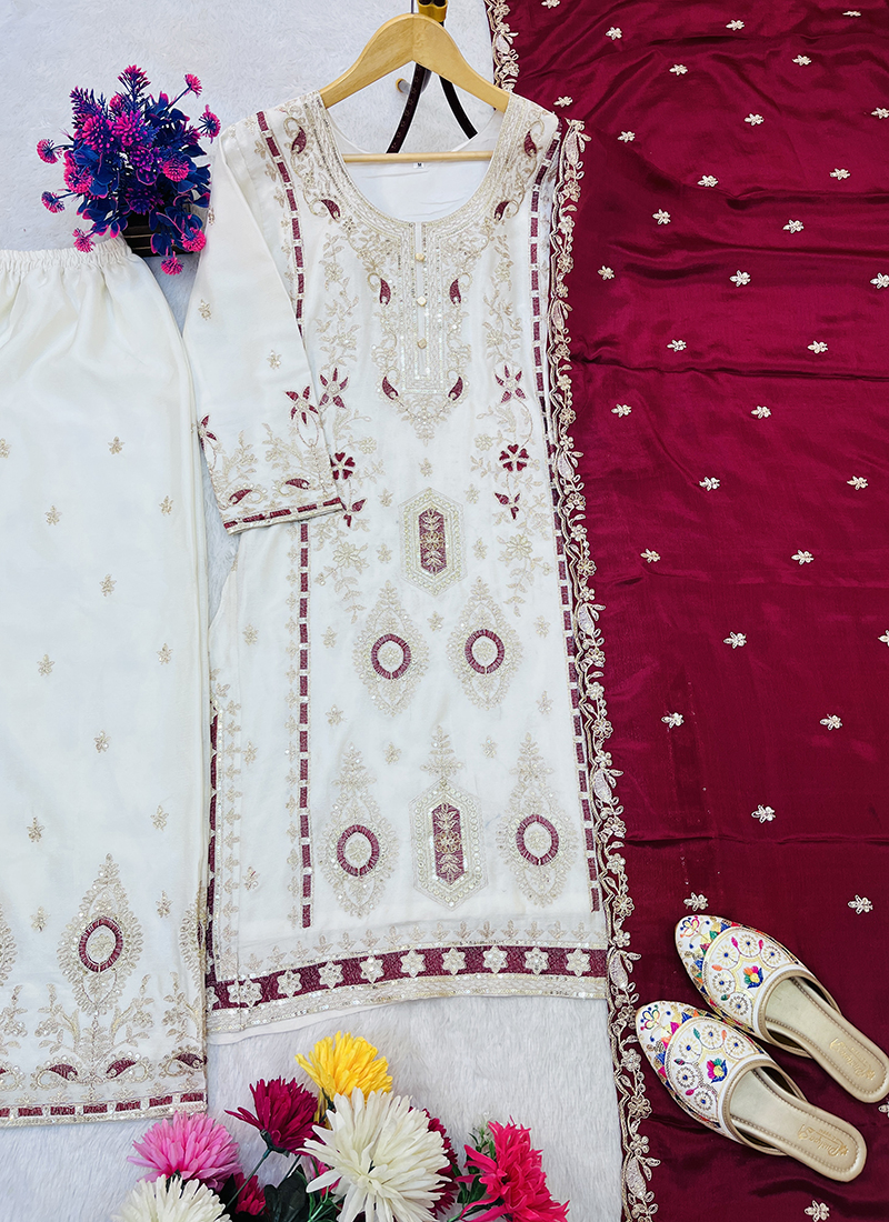 Buy Pure Chinnon Silk Maroon Ceremonial Wear Embroidery Work Readymade ...