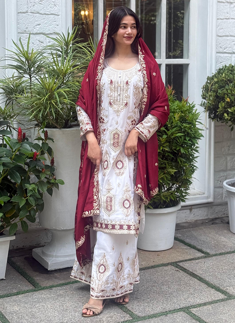 Buy Pure Chinnon Silk Maroon Ceremonial Wear Embroidery Work Readymade ...