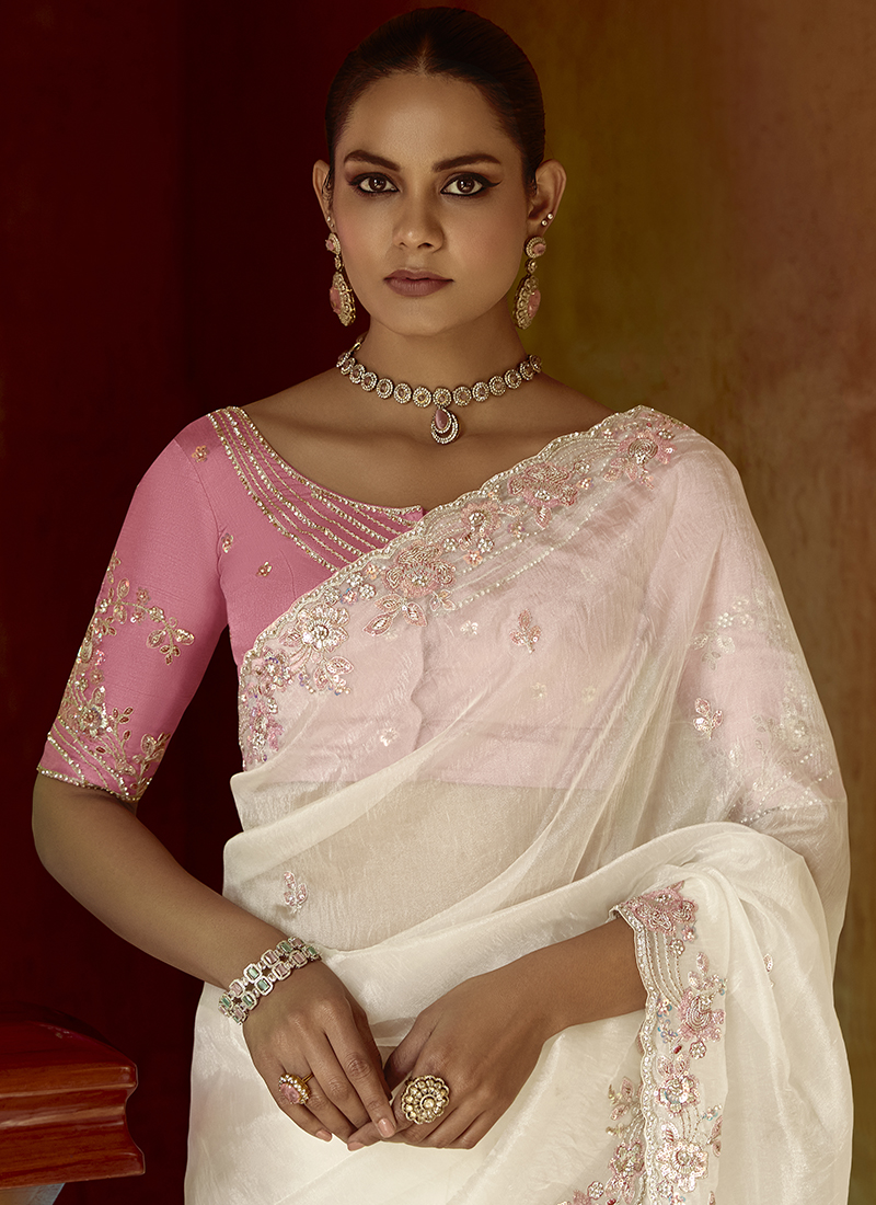Buy Fancy White Wedding Wear Mirror Work Saree Online From Wholesale ...
