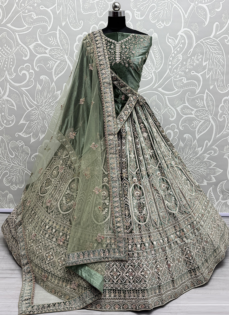 Buy Velvet Pista Bridal Wear Embroidery Work Lehenga Choli Online From ...
