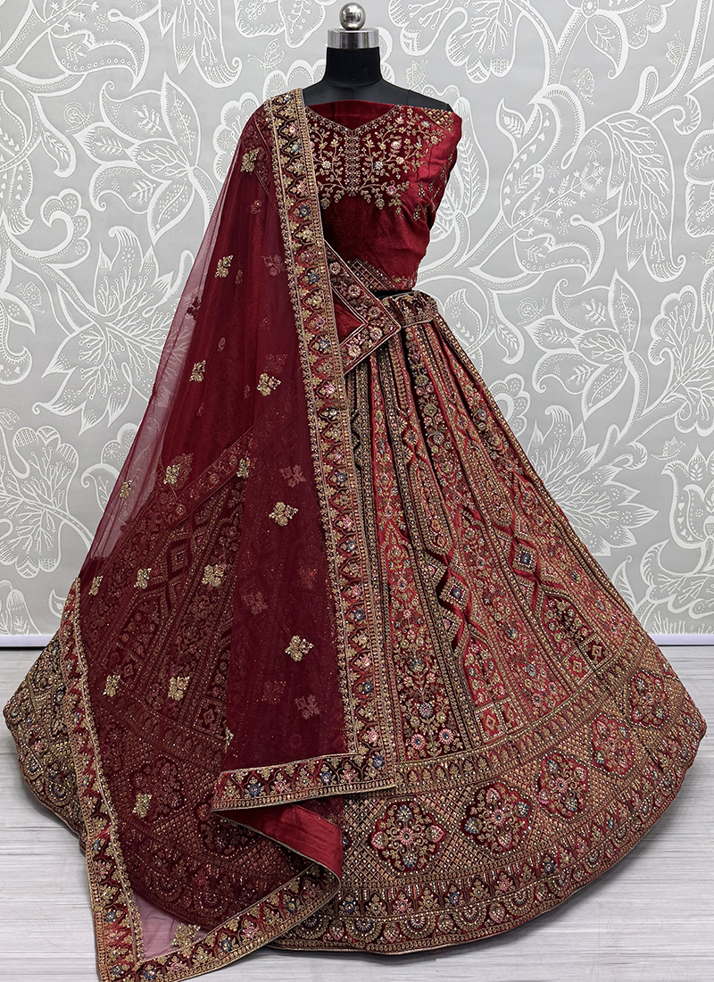 Buy Velvet Maroon Bridal Wear Embroidery Work Lehenga Choli Online From ...