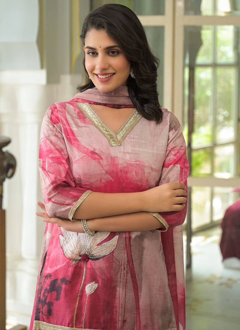Buy Linen Jute Pink Party Wear Hand Work Readymade Plazzo Suit Online ...