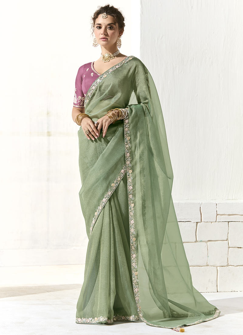 Buy Organza Tissue Sea Green Festival Wear Heavy Border Work Saree ...