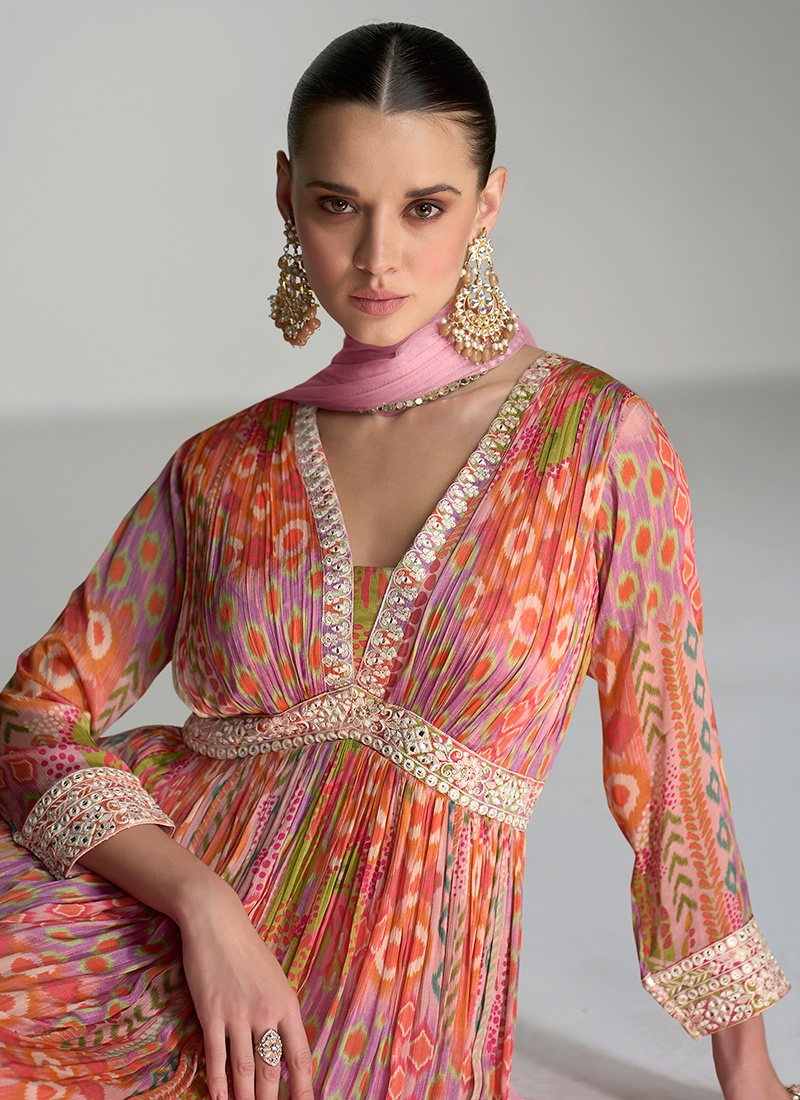 Buy Real Chinon Peach Party Wear Embroidery Work L,XL Readymade ...