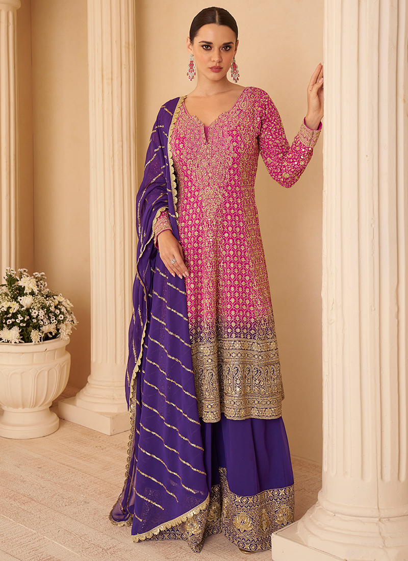 Buy Real Georgette Pink Wedding Wear Embroidery Work Readymade Plazzo ...