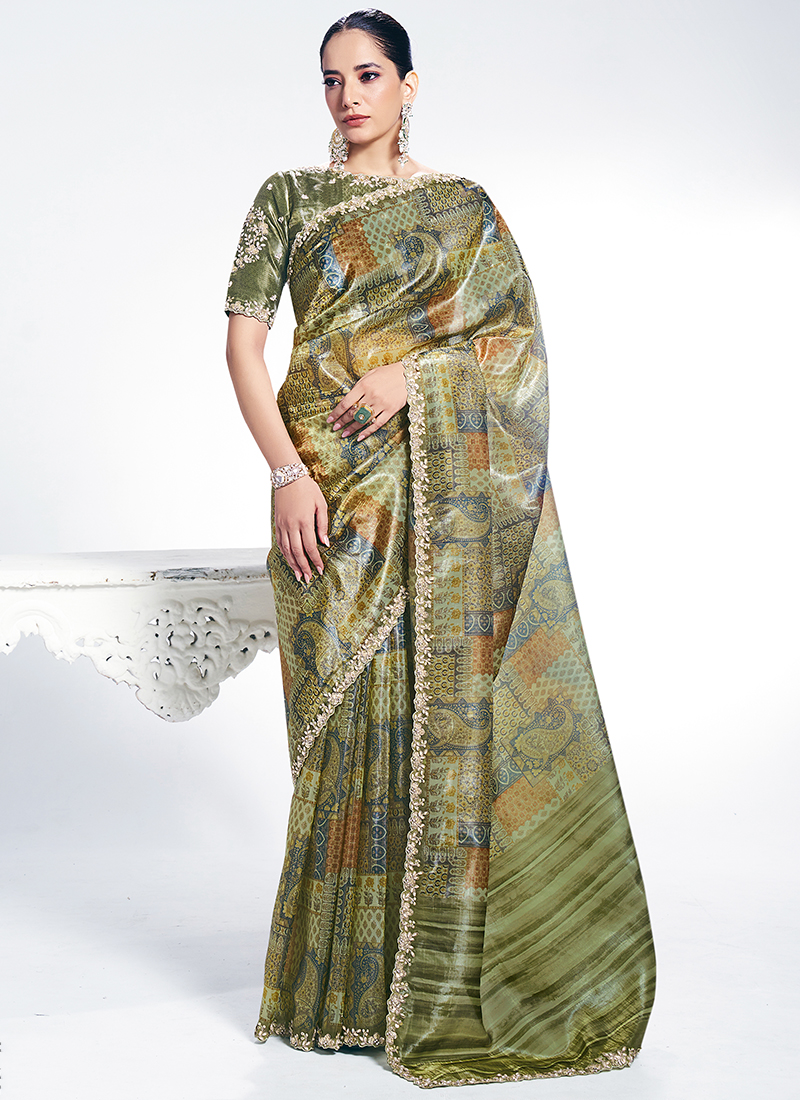 Buy Paper Silk Green Party Wear Embroidery Work Saree Online From ...