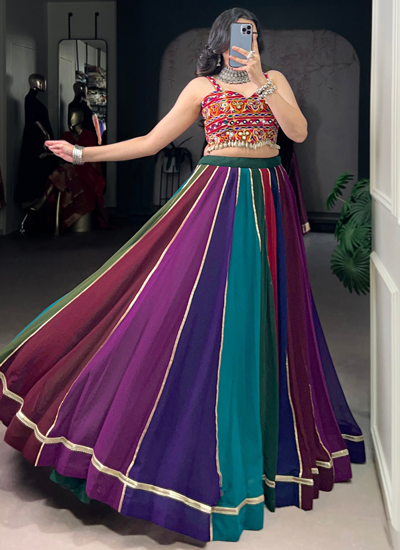 Buy Georgette Multi Color Navratri Wear Mirror Work Readymade Lehenga ...
