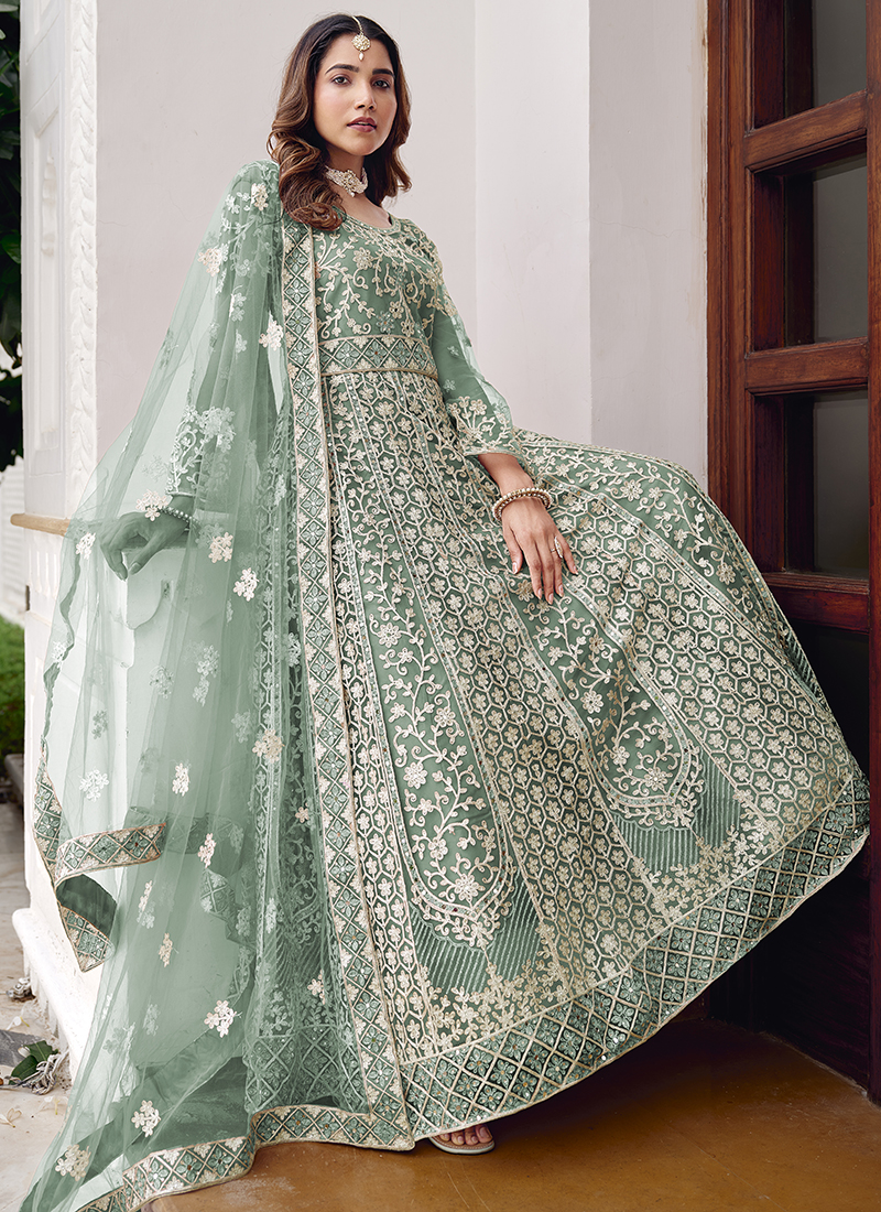 Buy Butterfly Net Sage Green Party Wear Embroidery Work Readymade Gown ...